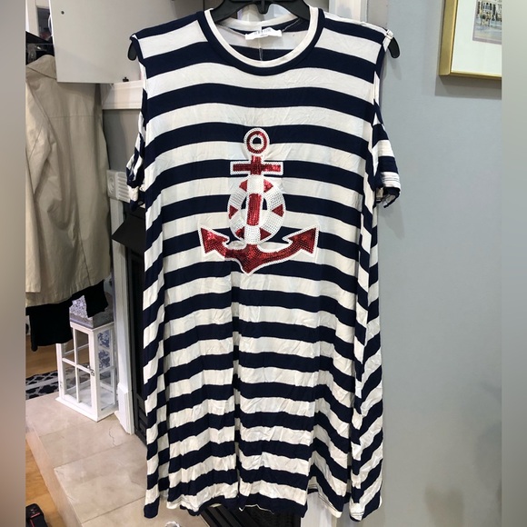 Dresses | New Boutique Short Sleeve Striped Cold Shoulder Sequin Anchor ...